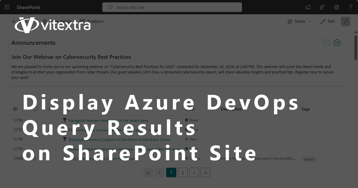 Display Azure DevOps Query Results on SharePoint Site - Vitextra